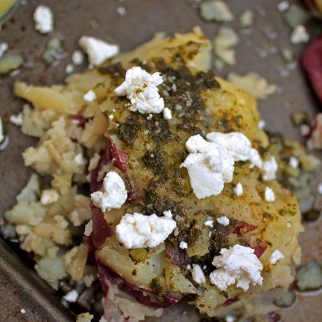 Pesto and Goat Cheese Smashed Potatoes