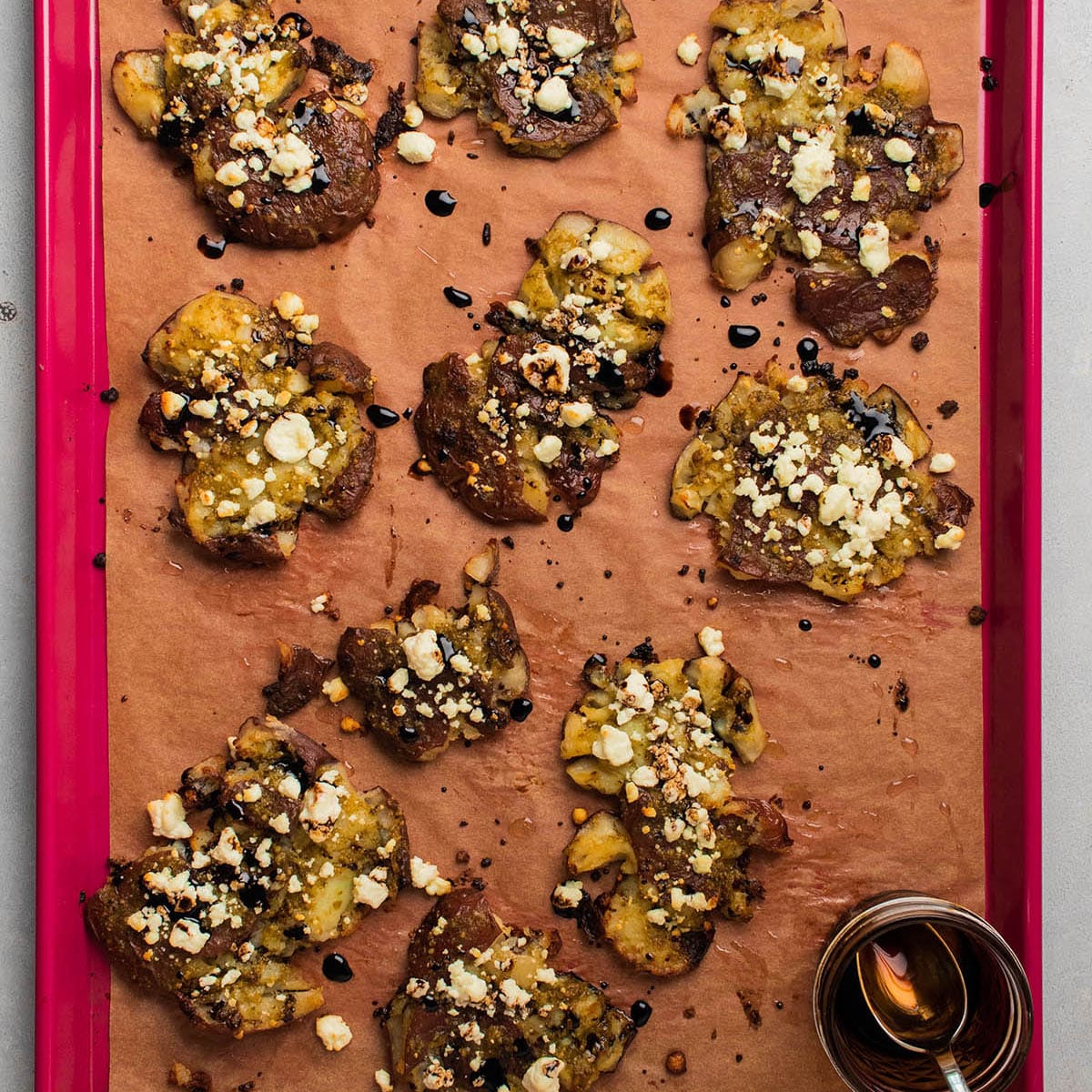Pesto and Goat Cheese Smashed Potatoes
