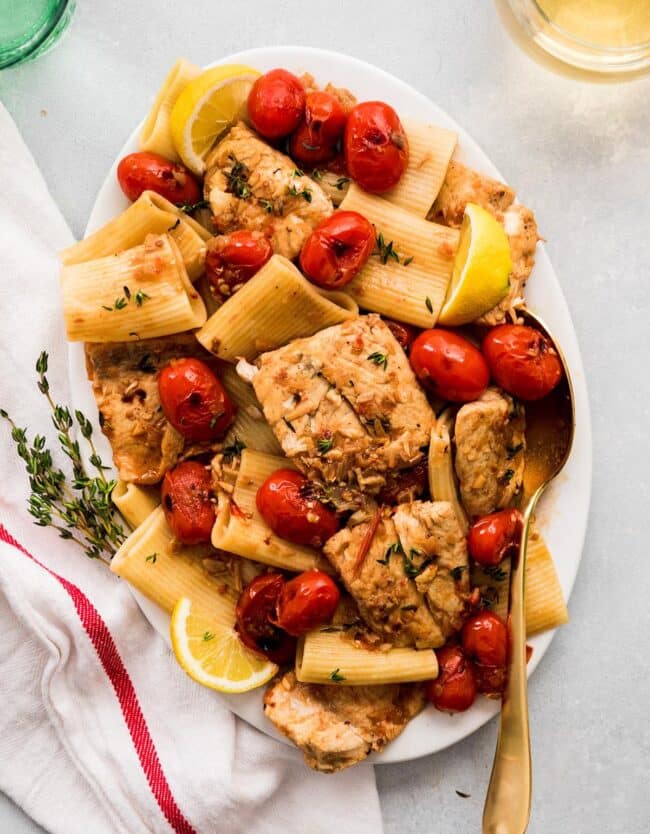 Easy White Wine Fish Pasta with Blistered Tomatoes