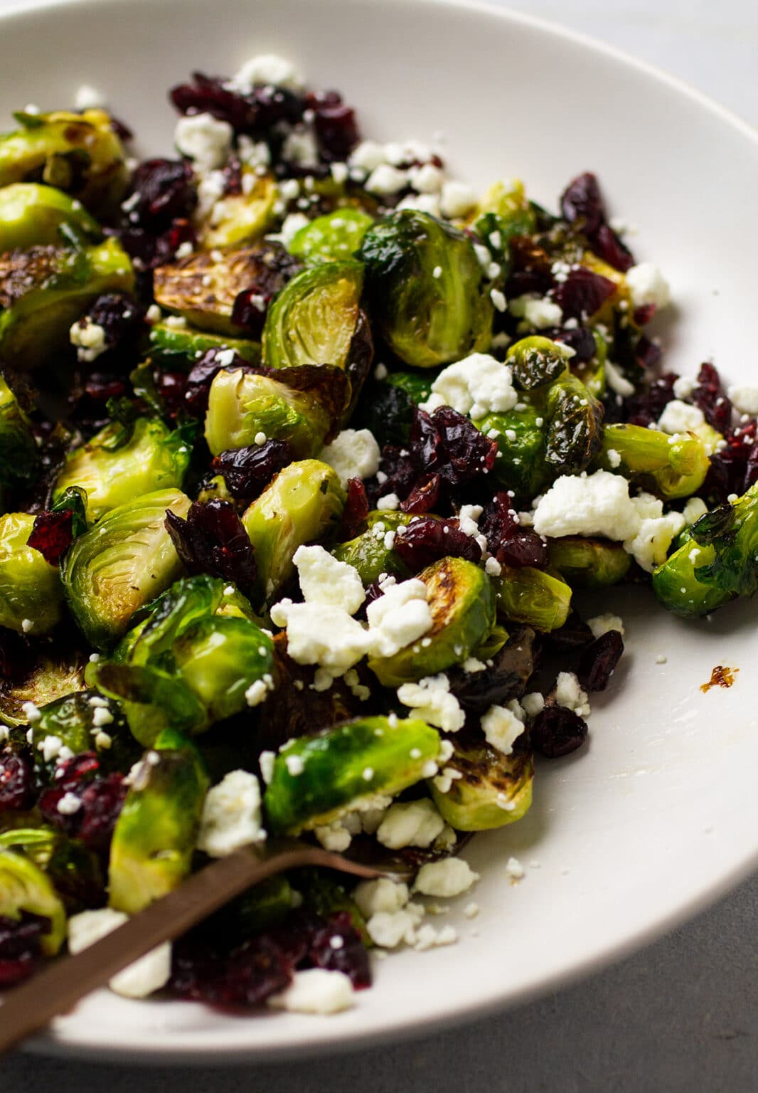 Maple Roasted Brussels Sprouts with Dried Cranberries and Goat Cheese